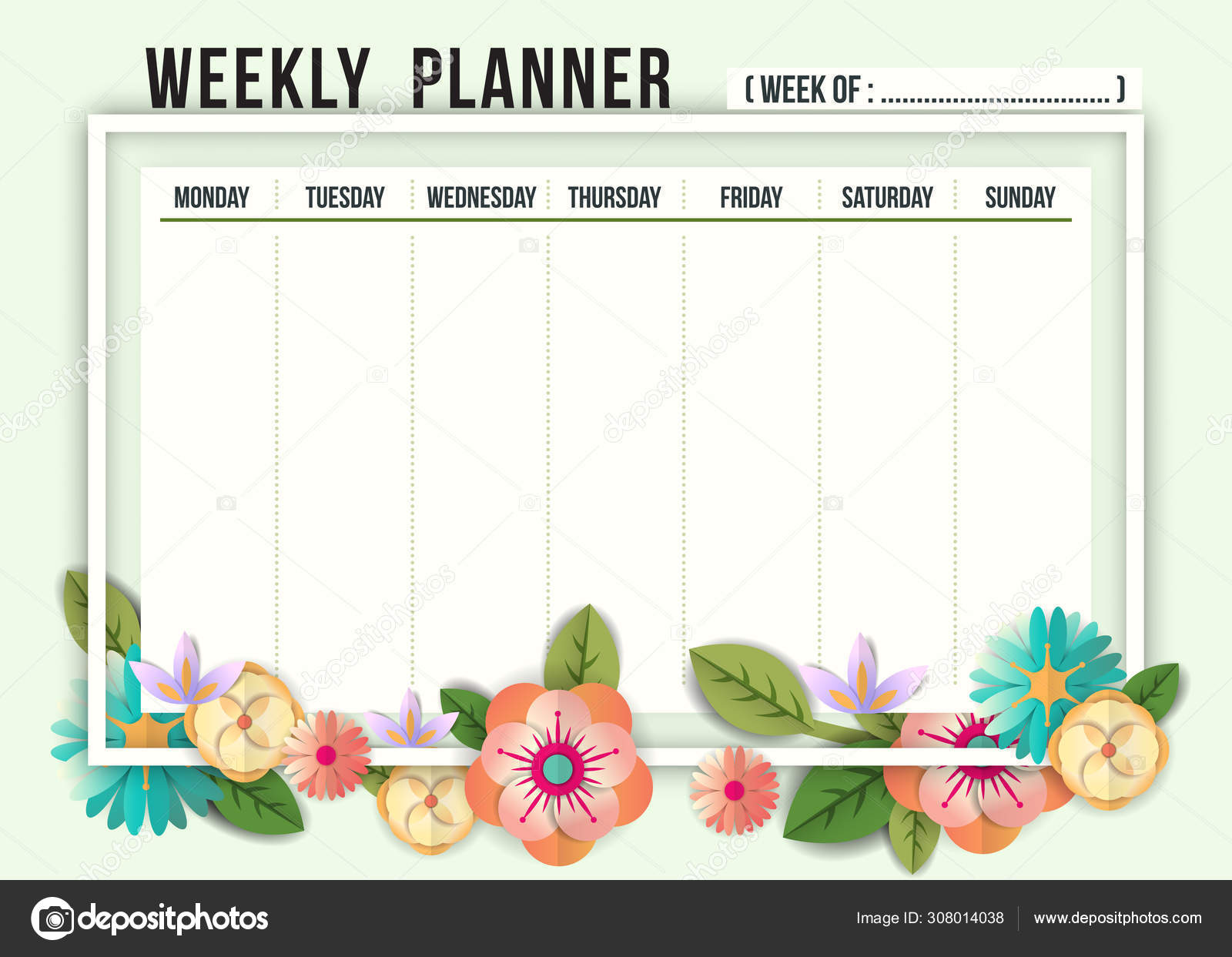 Weekly schedule planner template with flowers frame border on light ...