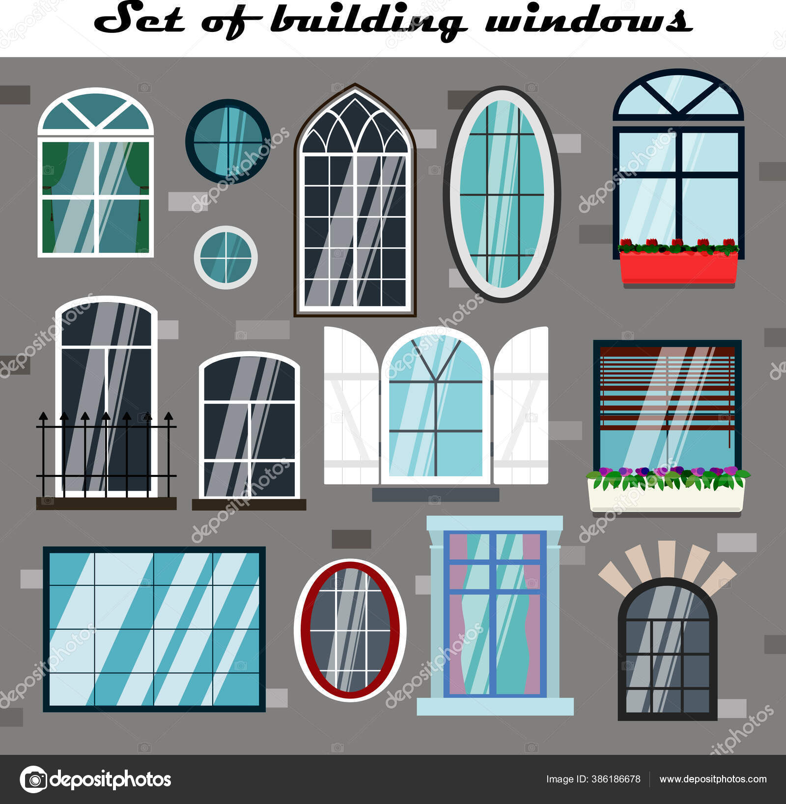 A set of vector Windows for buildings. Flat illustration of different ...