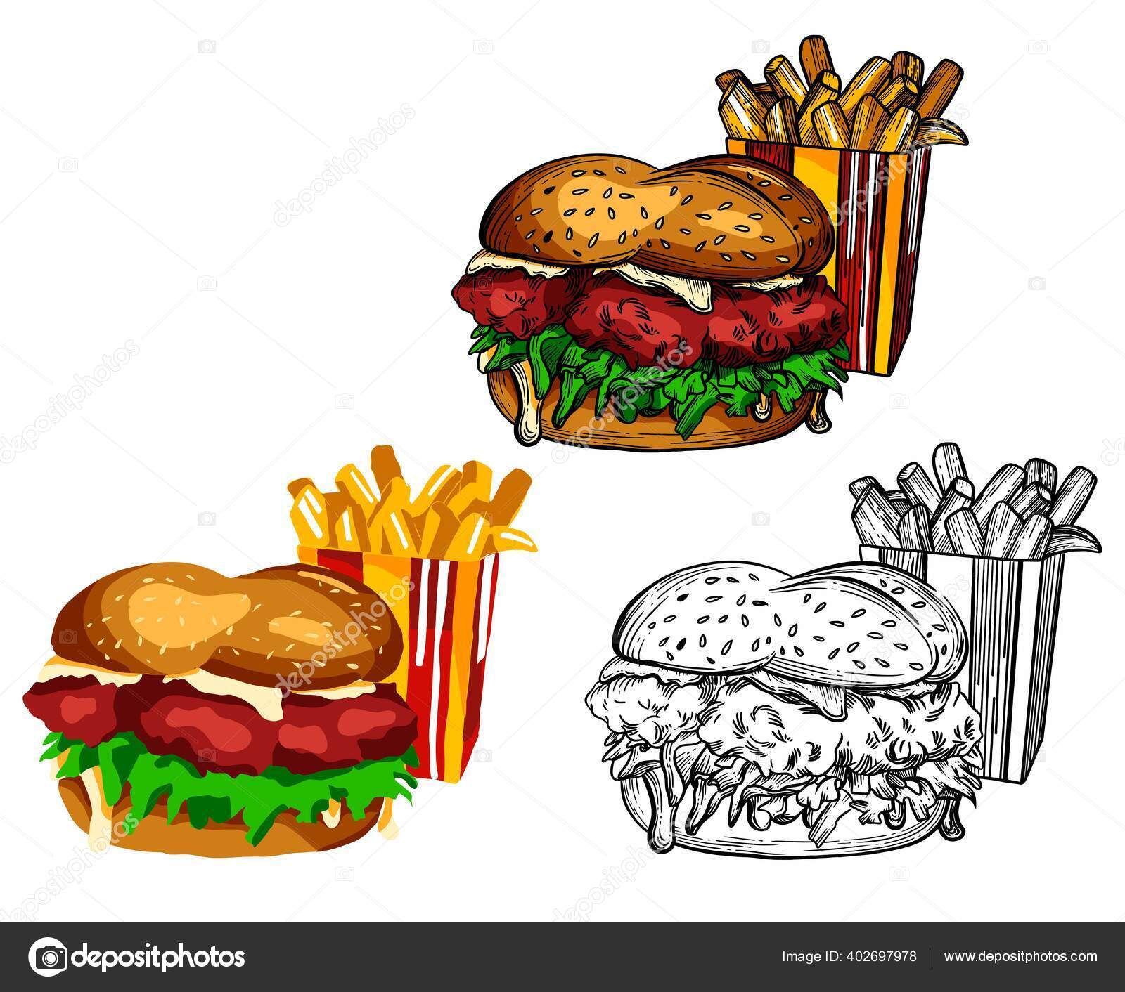 Raster Illustrations Style Sketch Fast Food Rolls Other Food High Stock ...