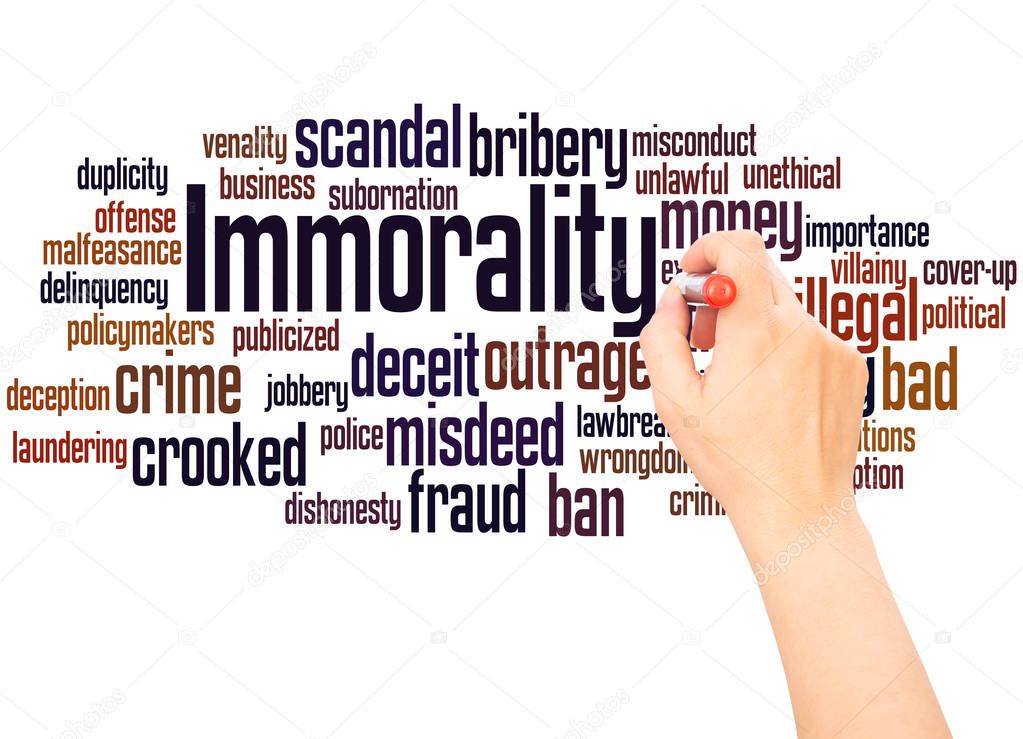Inmoralidad palabra nube mano escritura concepto sobre fondo blanco. 2024