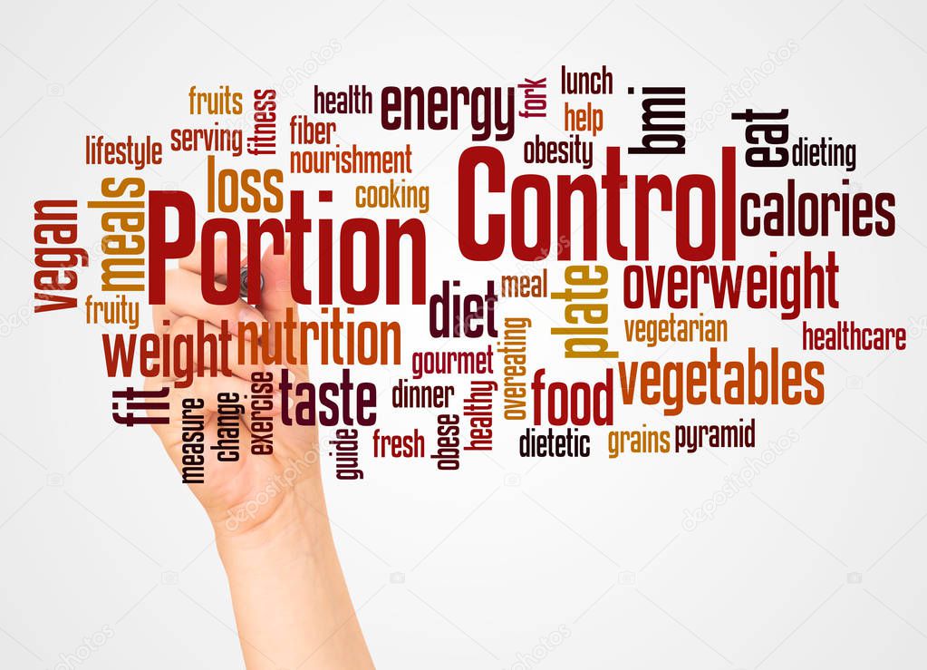 Porción Control palabra nube y mano con el concepto de marcador sobre ...