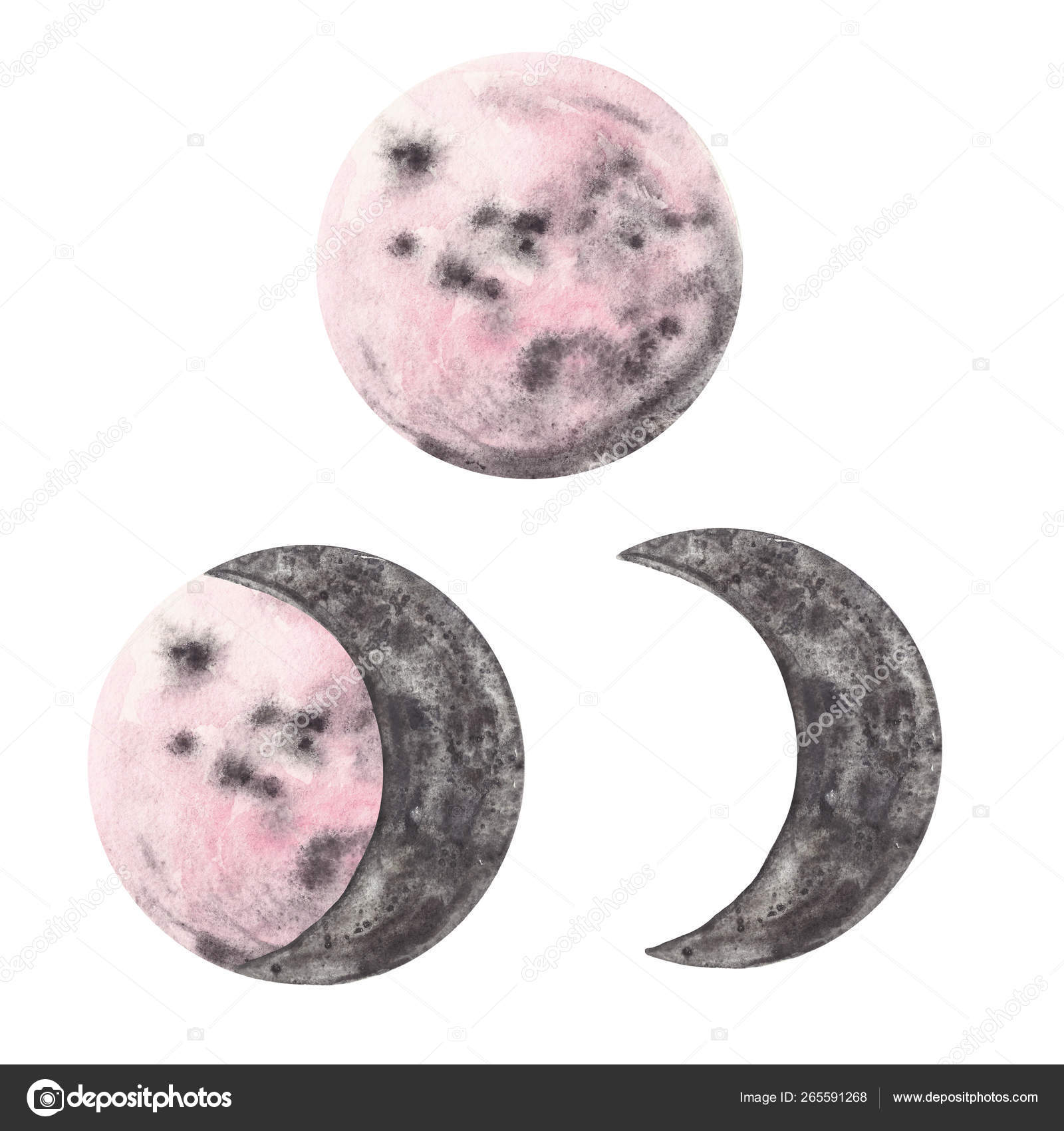 Watercolor hand painted moon phases set. Half and full pink and grey ...