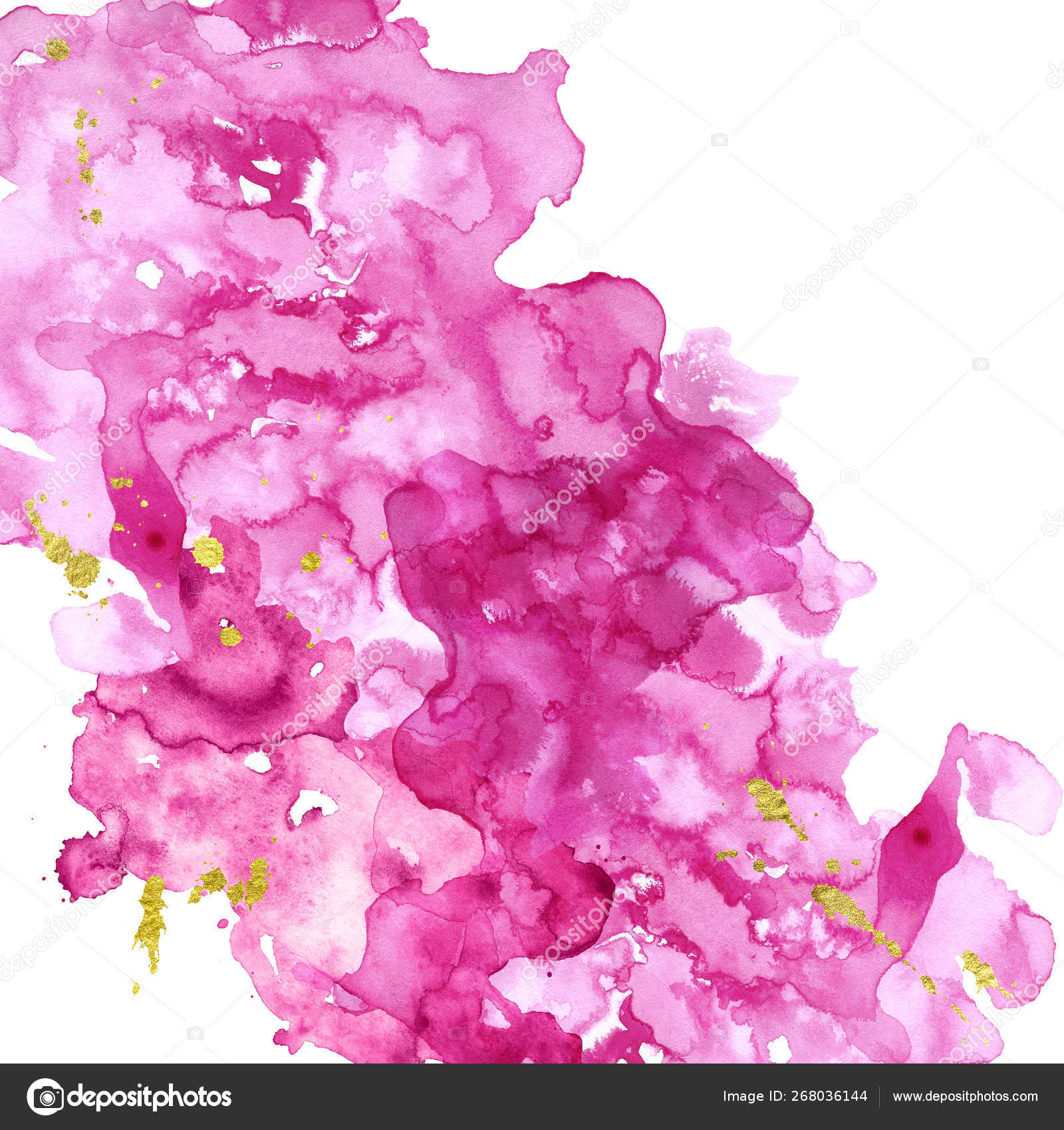 Artistic hand painted pink texture with splashes of gold paint on white ...