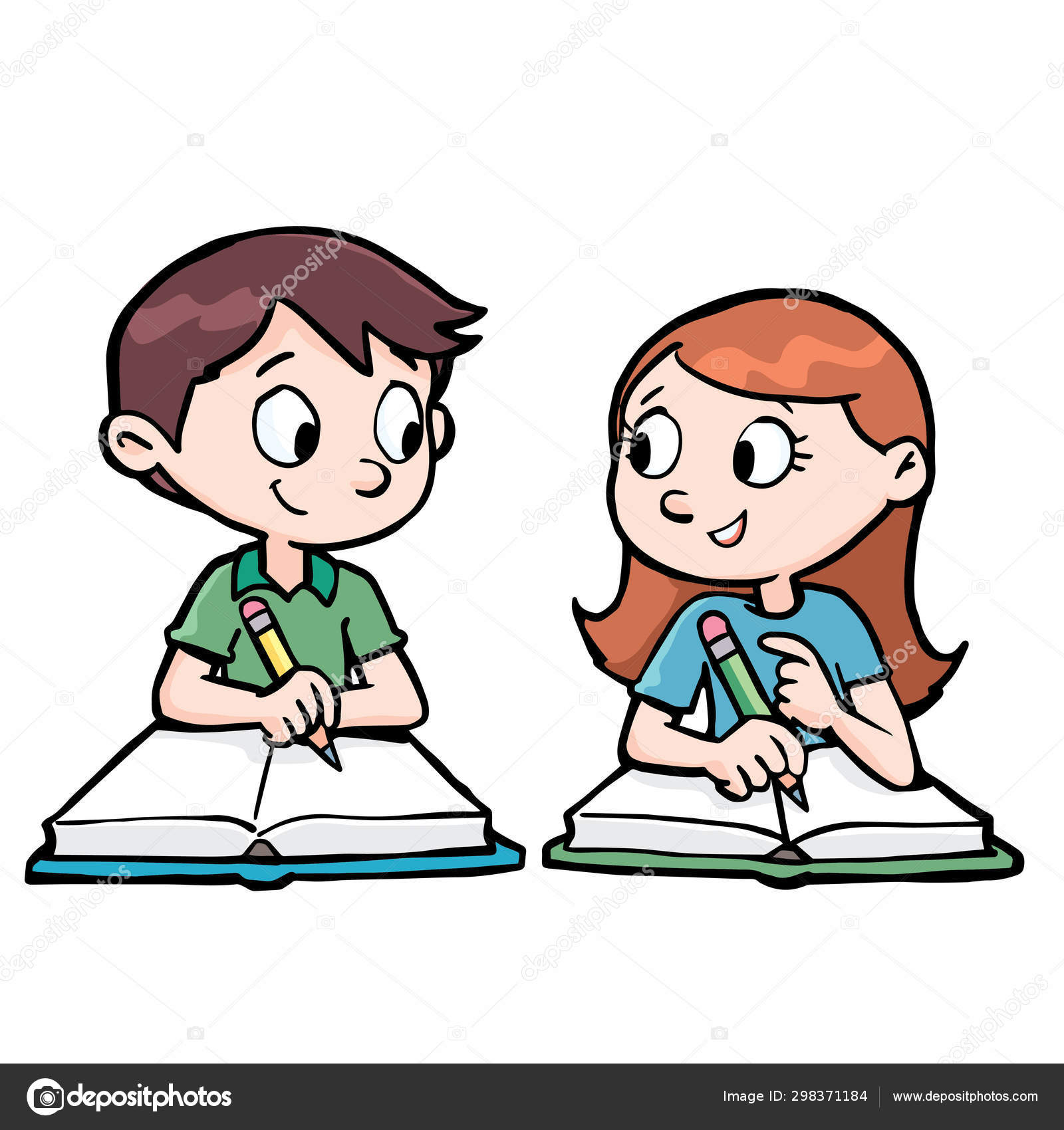 Two Kids Students Boy Girl Writing Schoolwork Stock Vector Image by ...