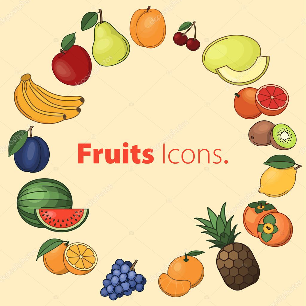 Conjunto de iconos de frutas. Ilustración vectorial. Concepto. 2022
