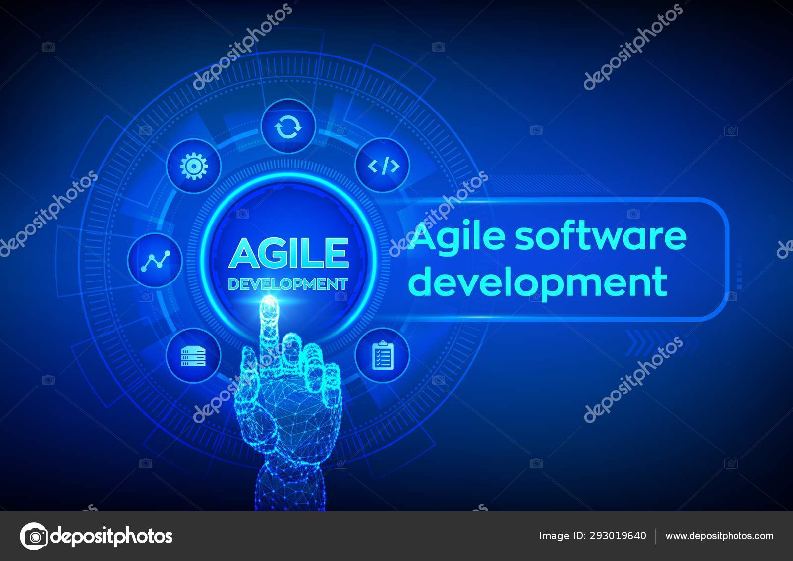 가상 화면에서 민첩한 소프트웨어 개발 방법론 개념 디지털 기술 빅 데이터 개념 유연한 개발 프로세스 디지털 인터페이스를 만지는 로봇 손 벡터 일러스트레이션 스톡