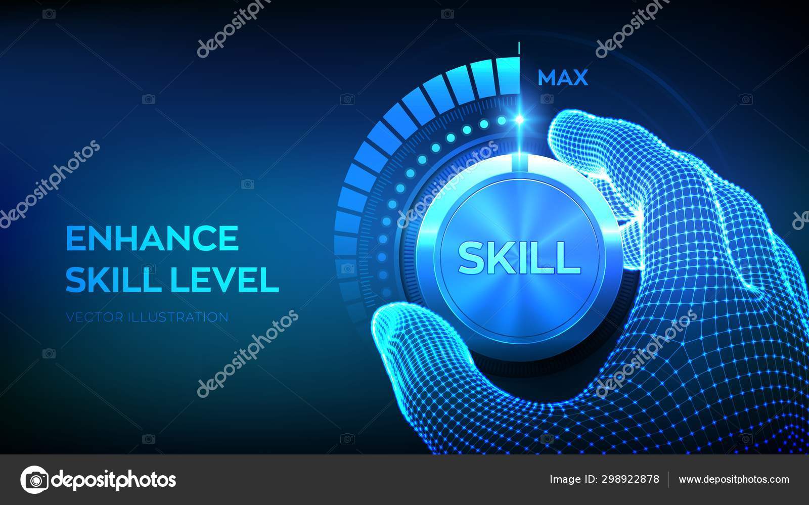 Skill levels knob button. Increasing Skills Level. Wireframe hand ...
