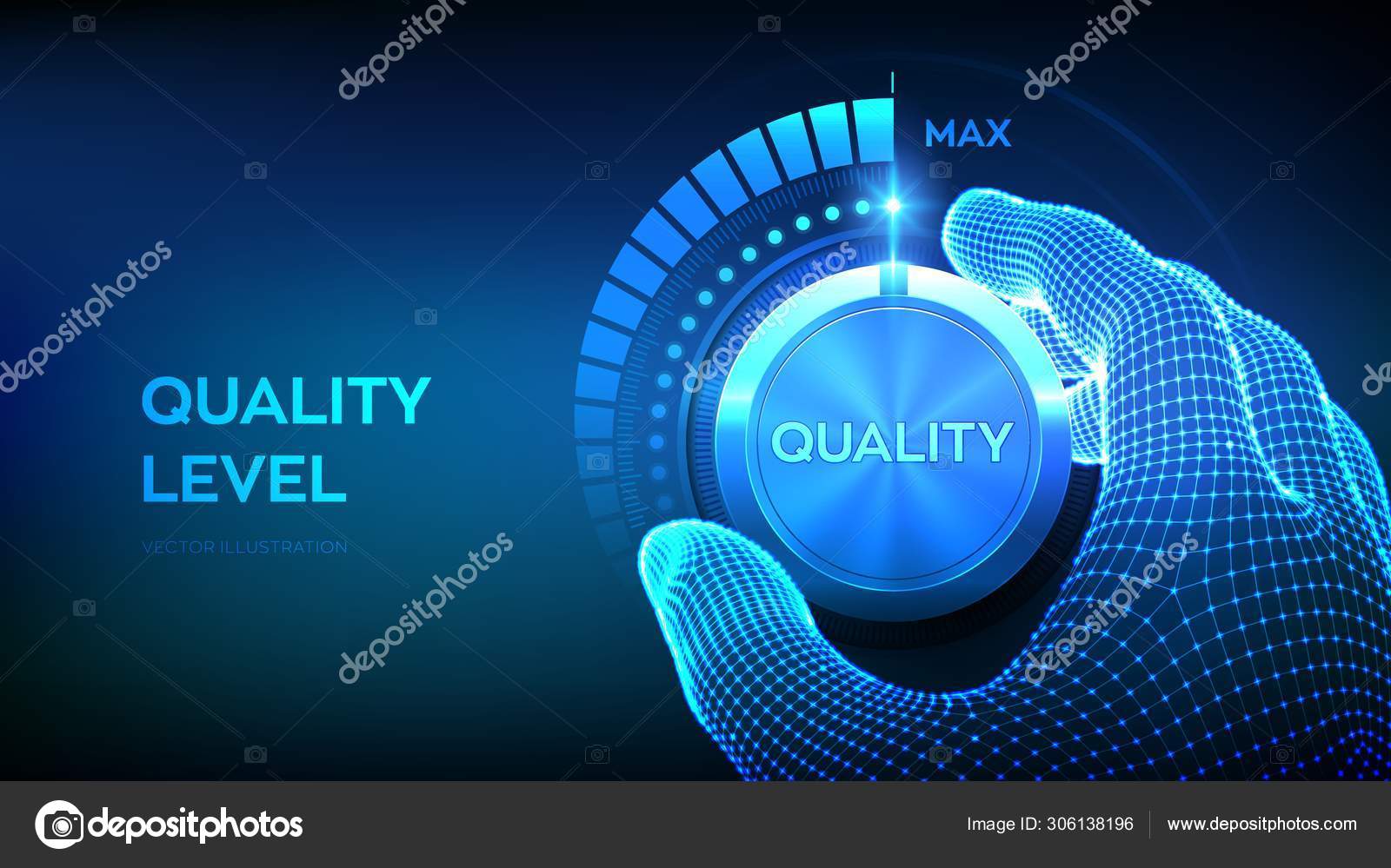 Quality levels knob button. Wireframe hand turning a quality level knob ...