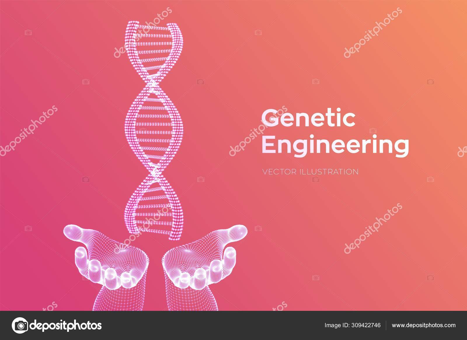 DNA sequence in hands. Wireframe DNA molecules structure mesh. DNA code ...
