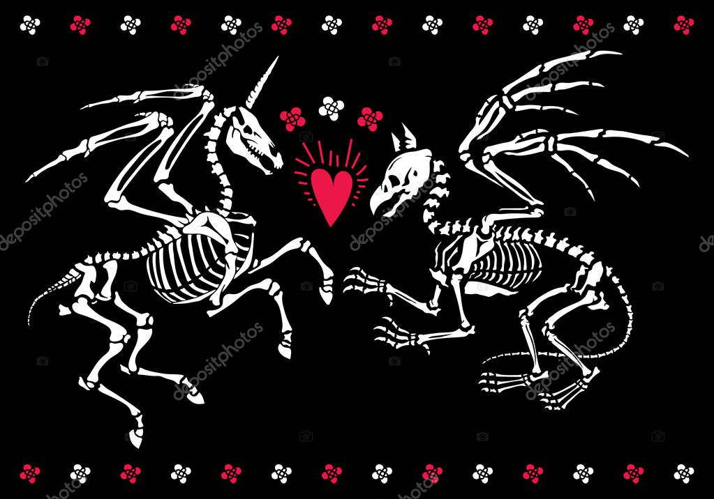 Esqueleto de un grifo y un pegaso con cuerno. Anatomía de animales ...