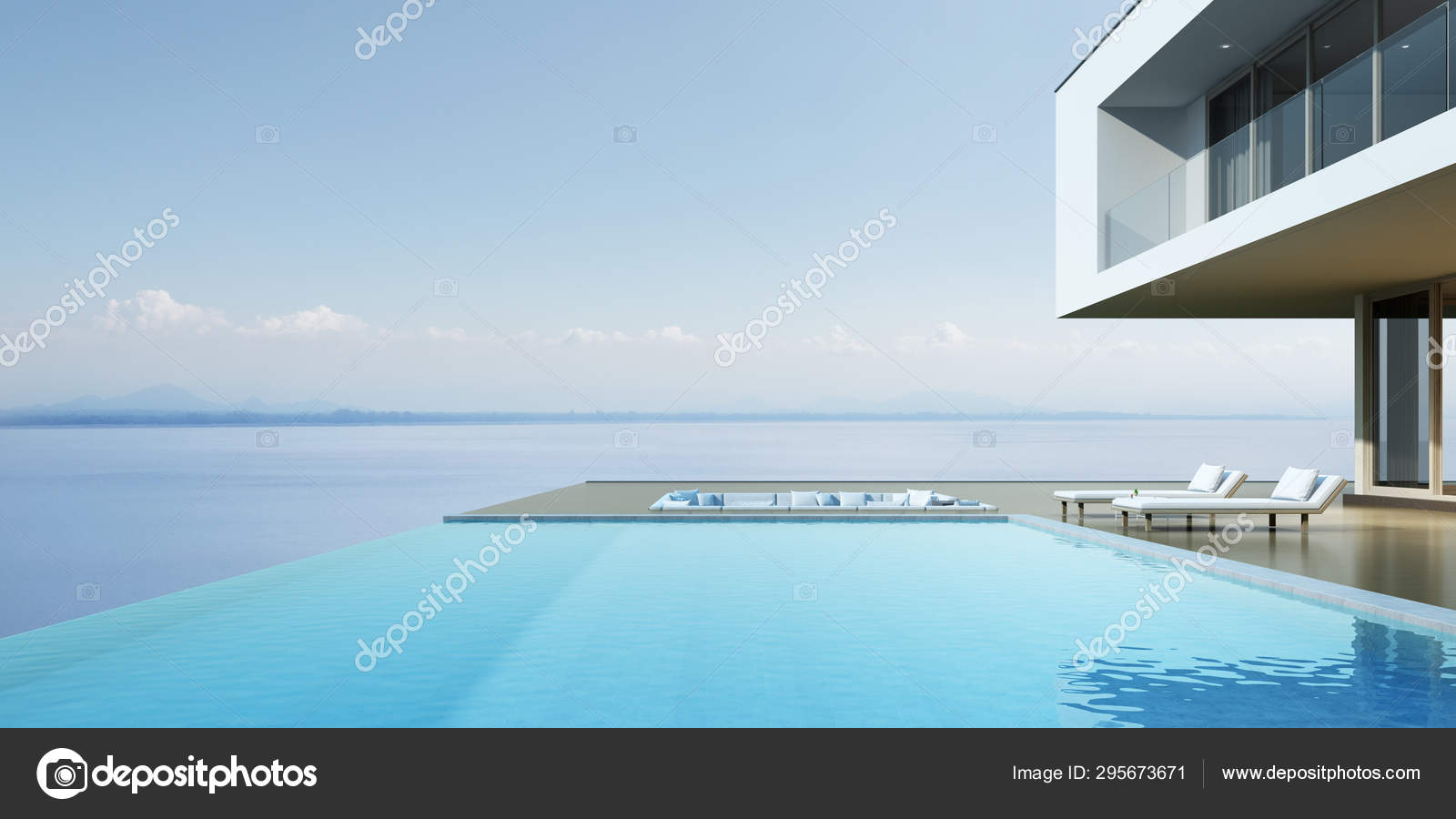 Perspective Luxury Modern House Overflow Swimming Pool Sofa Sea View ...