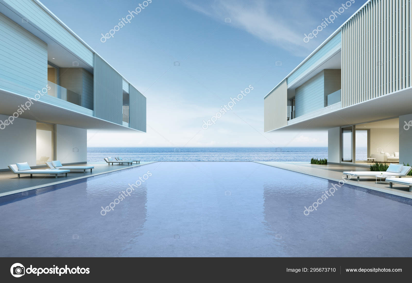 Perspective Modern Luxury Building Wood Terrace Swimming Pool Sea View ...