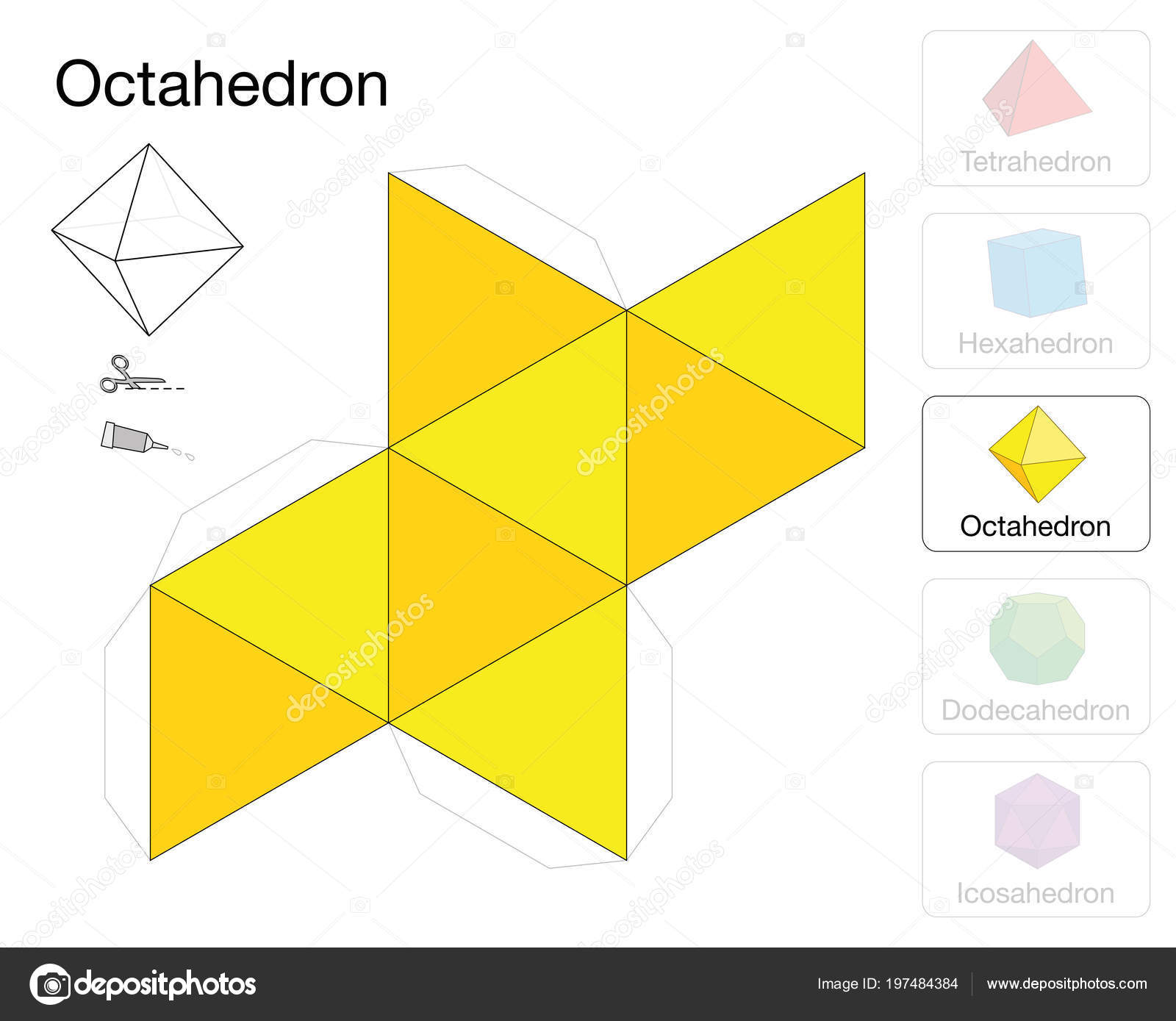 Octahedron Platonic Solid Template Paper Model Octahedron One Five ...