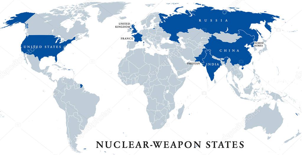 Estados con armas nucleares, mapa político. Ocho Estados soberanos que han detonado con éxito ...