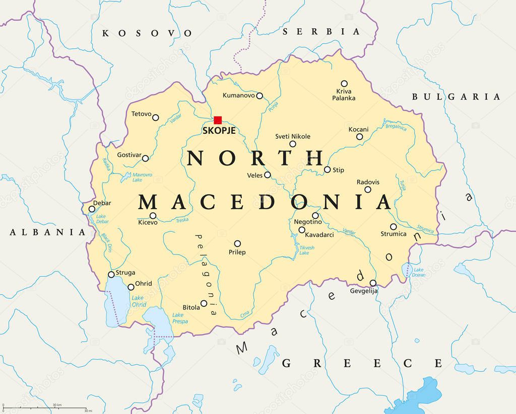 Macedonia del Norte mapa político con capital Skopje, fronteras ...