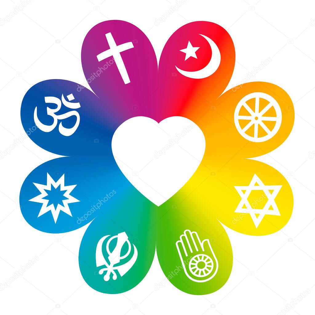Religiones mundiales. Símbolos en una flor de color arco iris con un ...