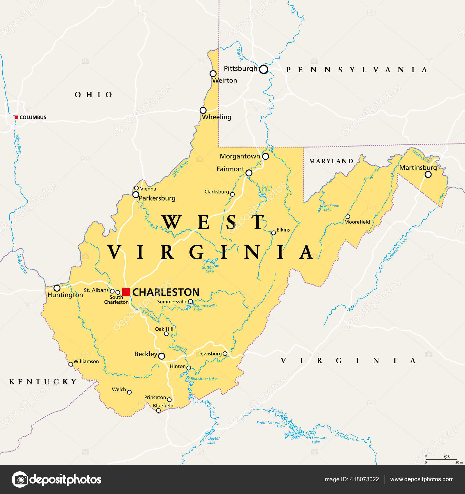 West Virginia Political Map State Appalachian Region Southern United ...