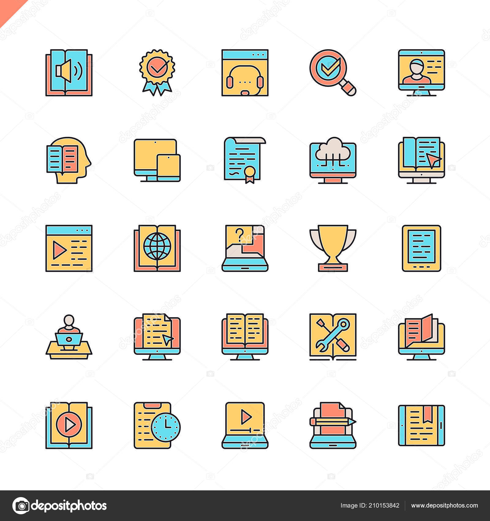 Flat Line Learning Online Education Elements Icons Set Website Mobile ...