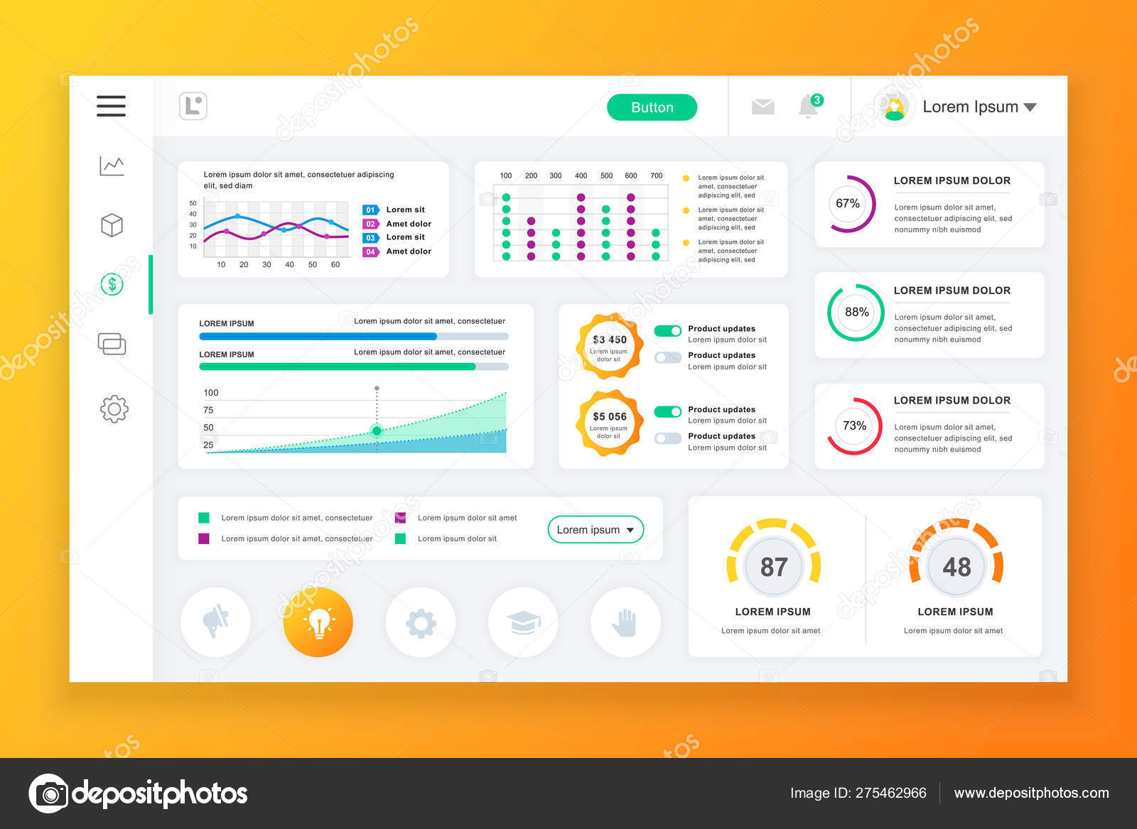 Dashboard admin panel vector design template with infographic elements ...