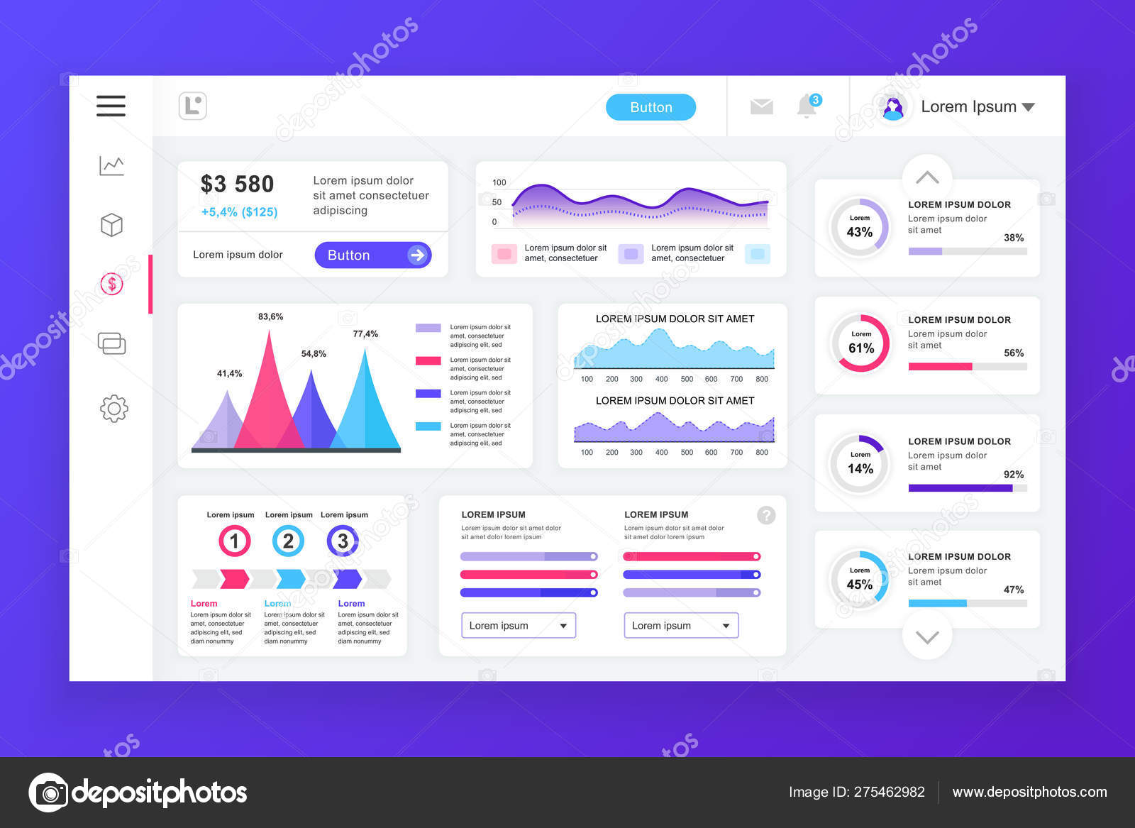 Templat desain panel vektor Dashboard admin dengan elemen infografis ...