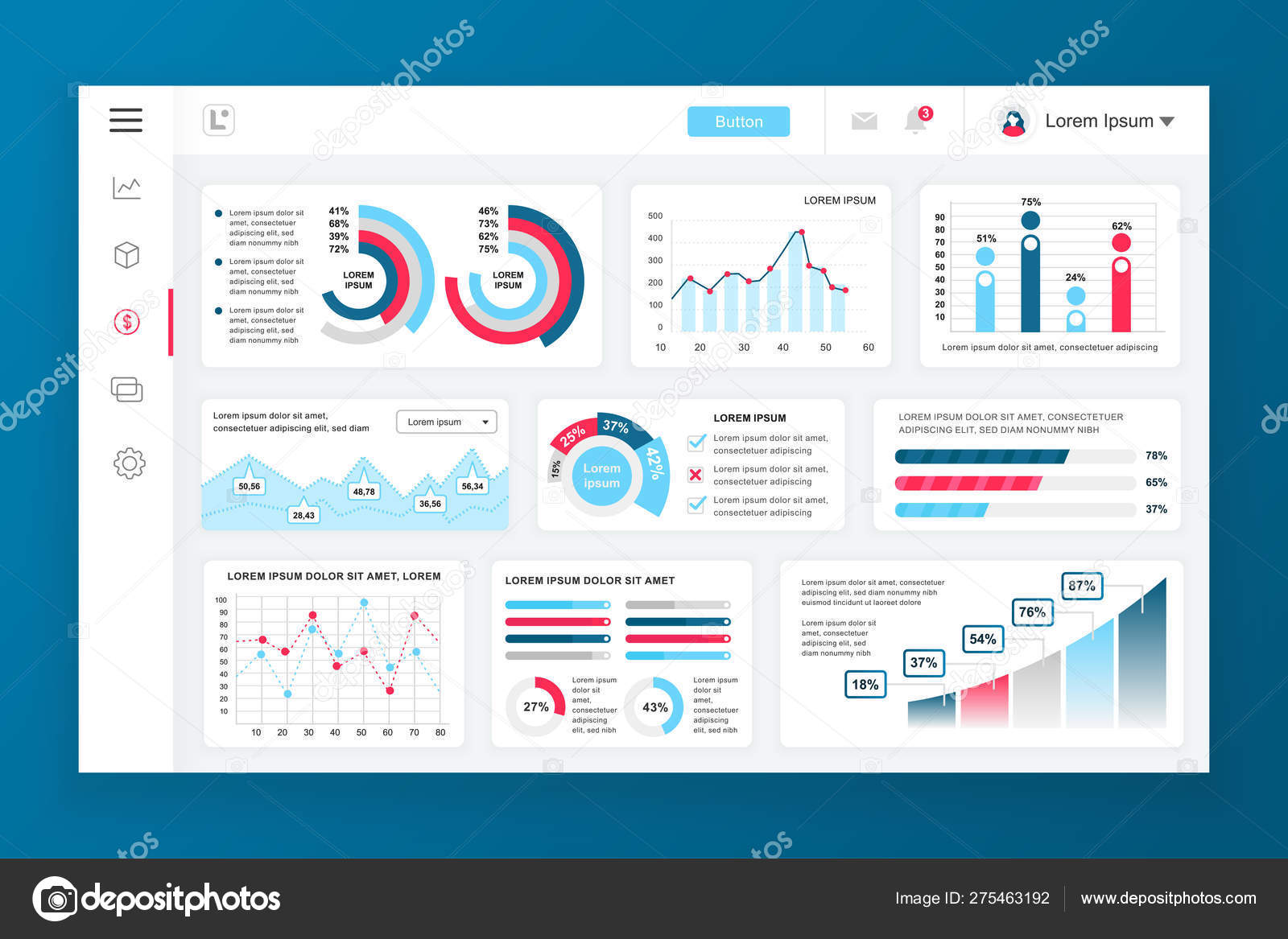 Dashboard admin panel vector design template with infographic elements ...