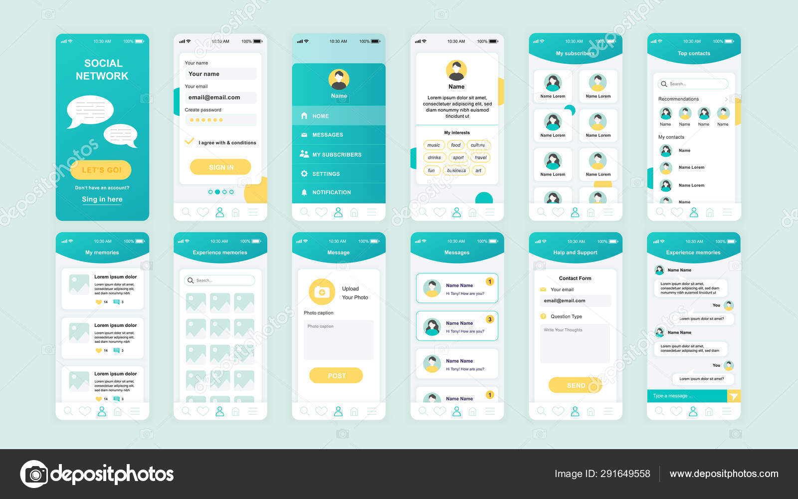 Set Ui Ux Gui Menayangkan Templat Desain Flat Aplikasi Social Network