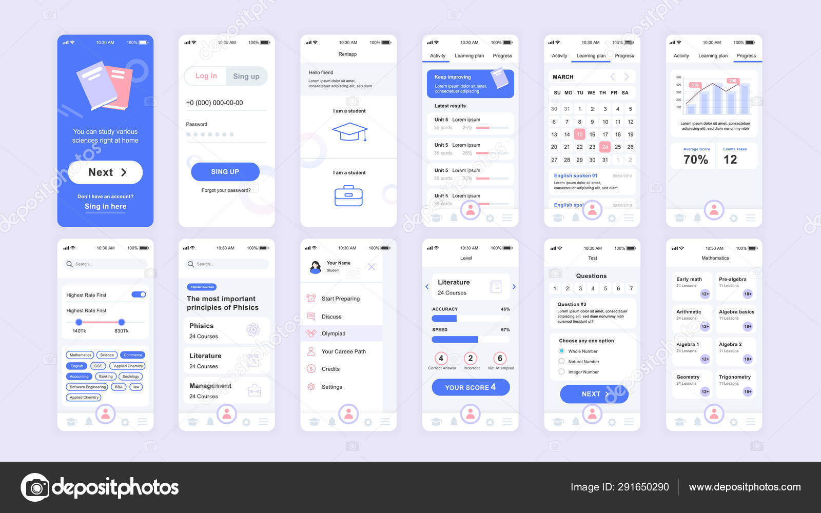 Set Of Ui Ux Gui Screens Education App Flat Design Template For Mobile Apps Responsive