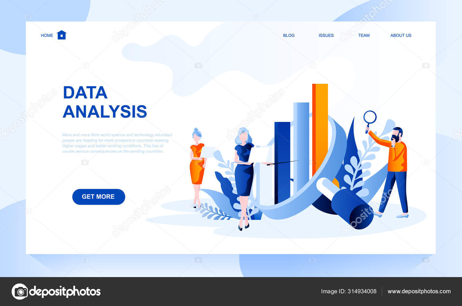 Data analysis vector landing page template with header. Information ...
