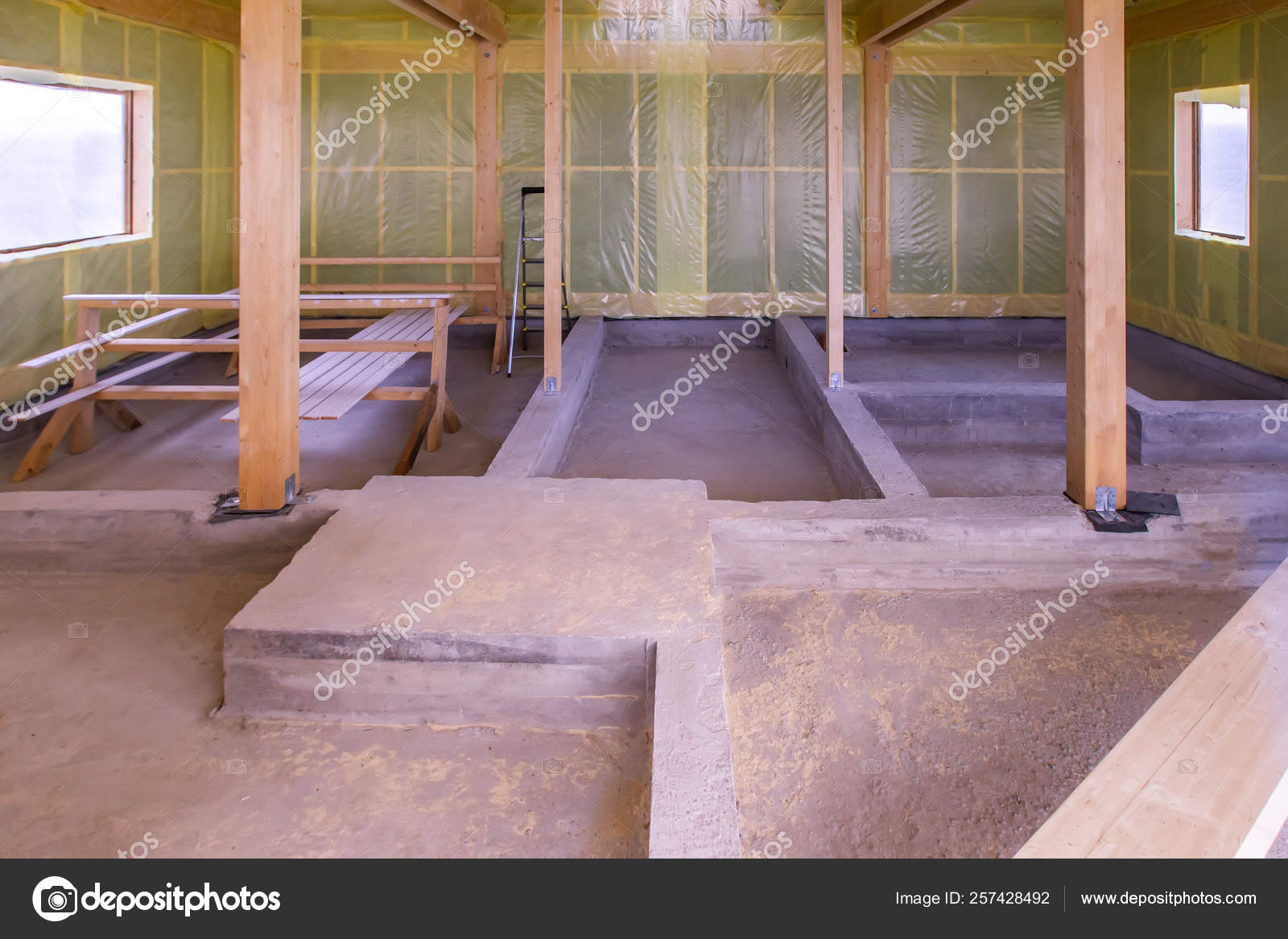 Frame House Stands Concrete Foundation Building Repair Work Frame ...