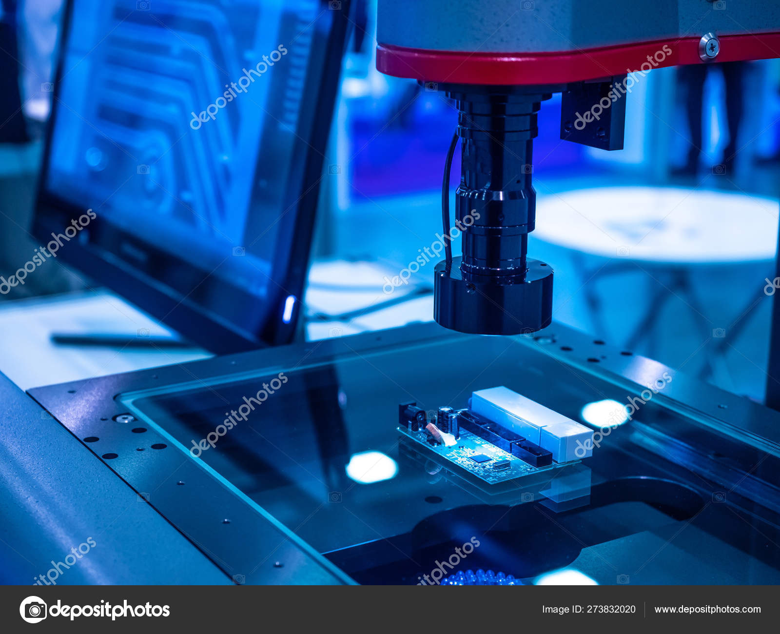 Chip manufacturing. Computer microscope examines the chip. The board ...