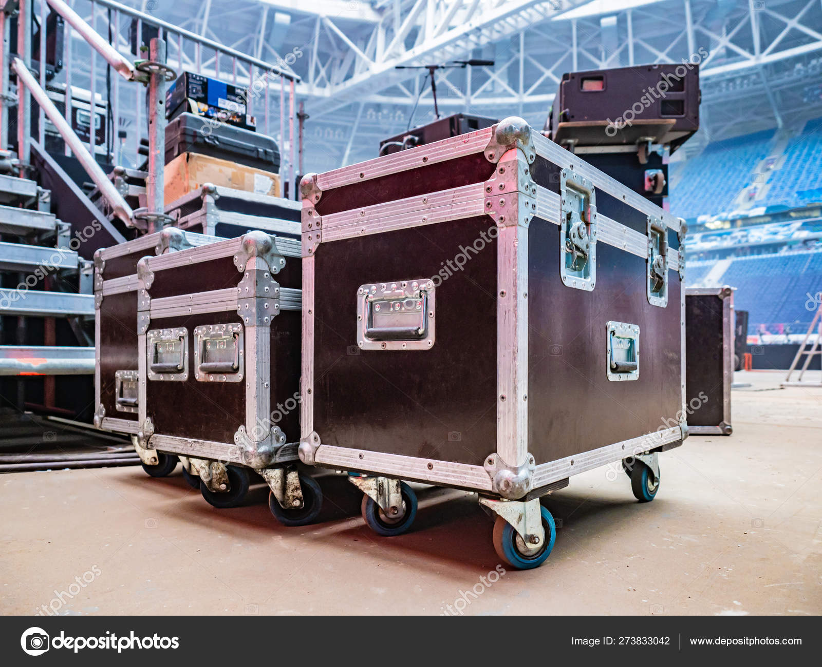 Concert activity. Cases for transportation of equipment. Stage ...