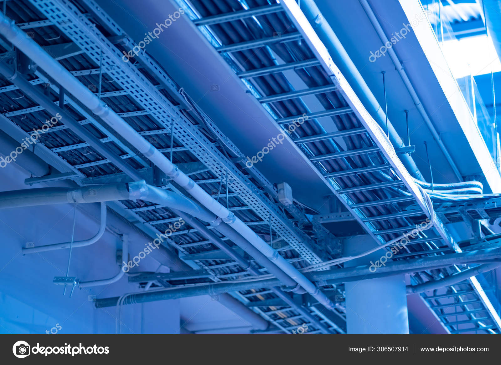 Network engineering. Conducting wires. Technical floor. Cable routing ...