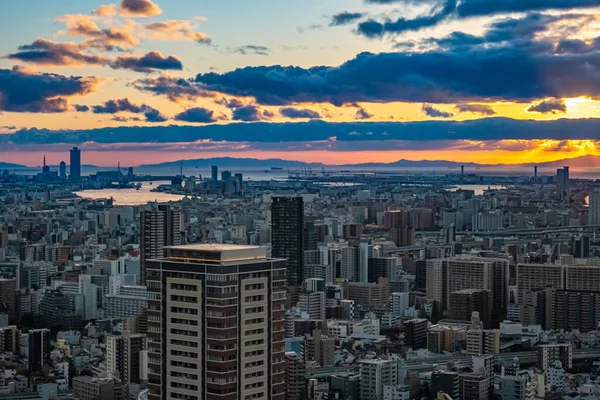 Japan Panorama of Osaka during sunset. Osaka aerial view. Sunset over ...