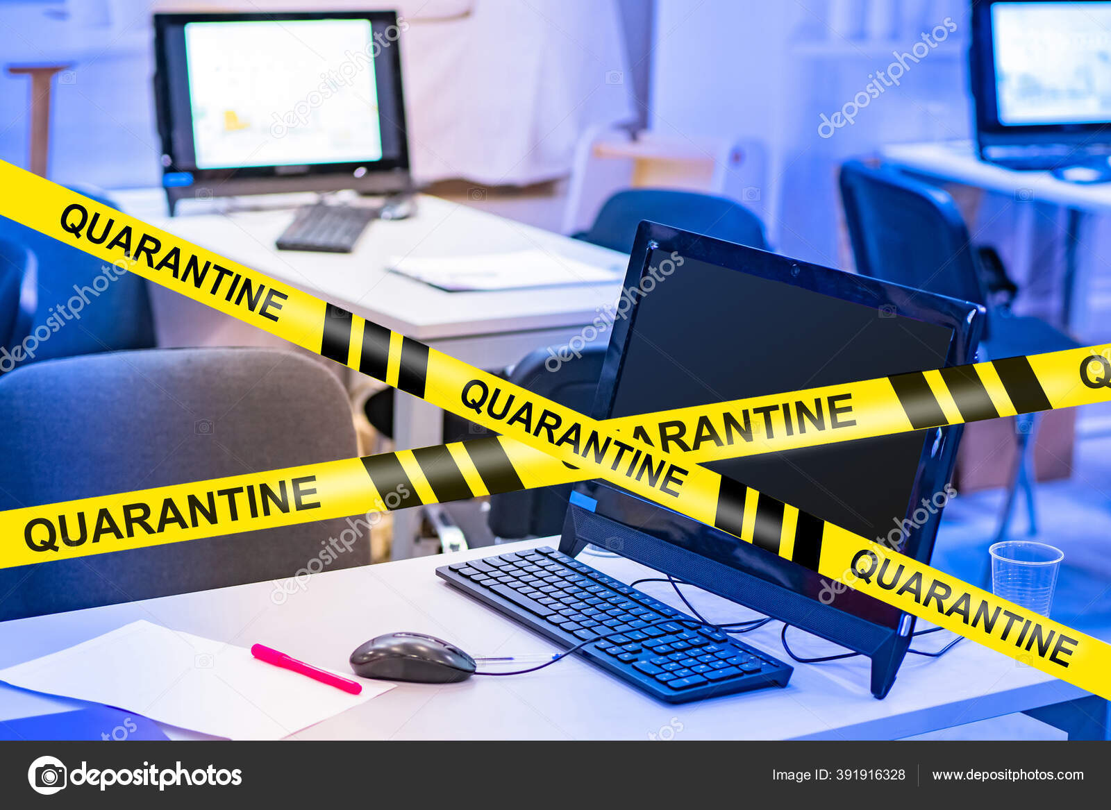 Empty Tables Computers Background Words Quarantine Closure Offices ...