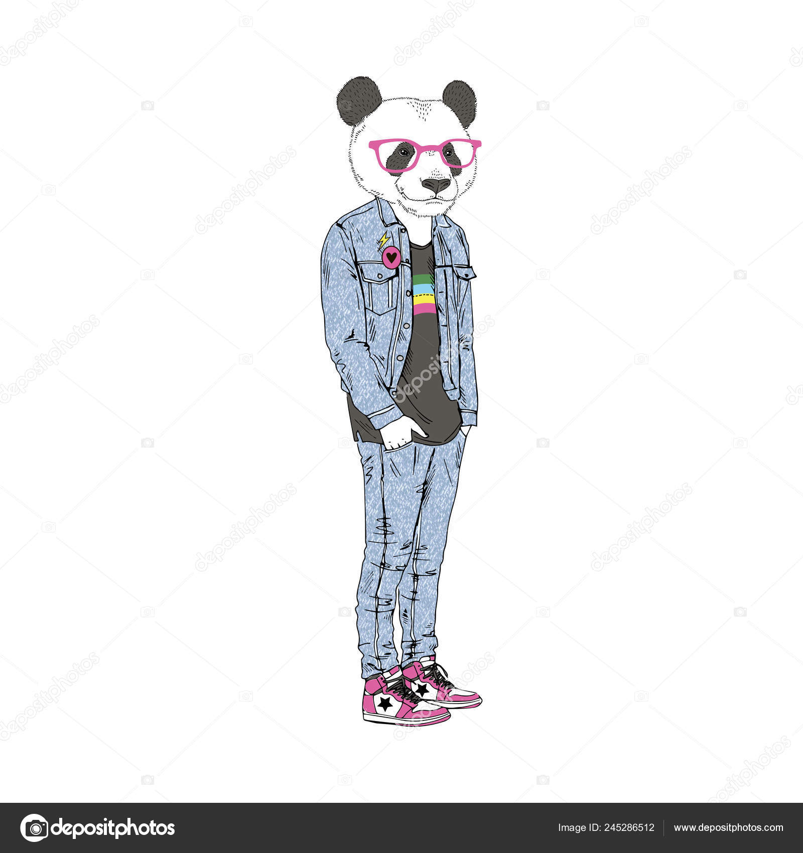 Humanized panda bear man hipster dressed up in retro 80s jeans outfits ...