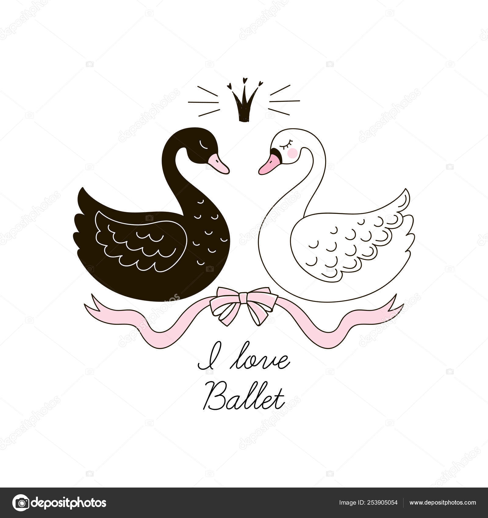 Cute black and white swans birds in crown and ribbon bow. Stock Vector ...