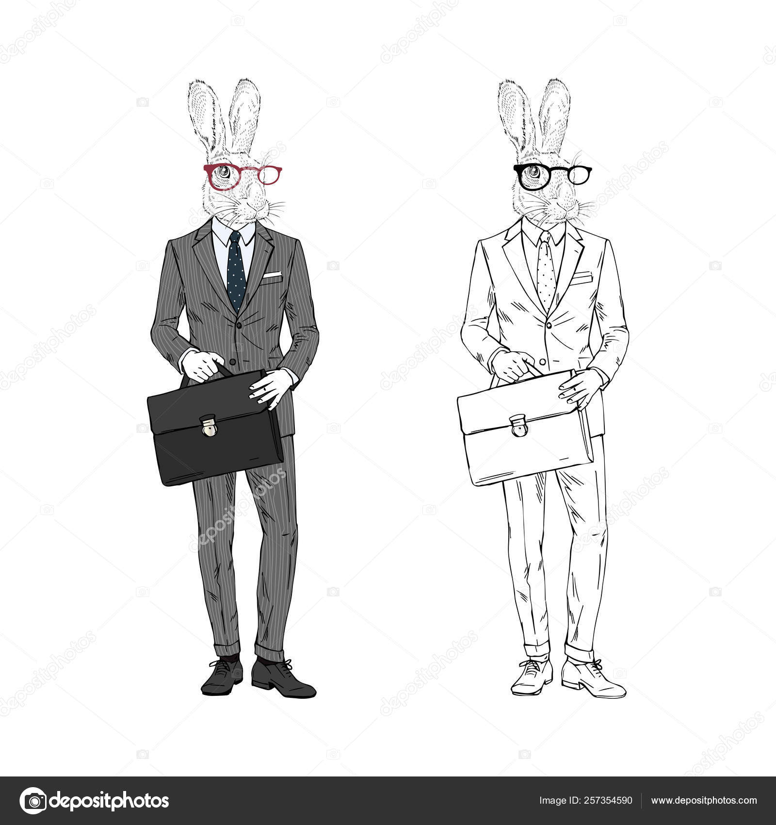 Humanized nerdy rabbit man hipster dressed up in business office style ...