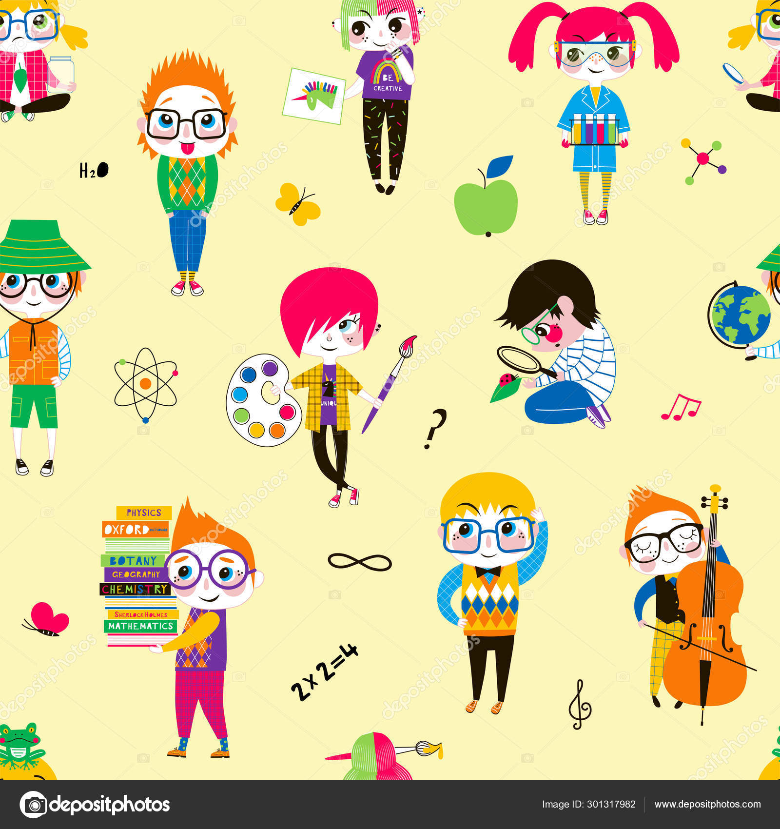 Smart school children flat vector seamless pattern Stock Illustration ...