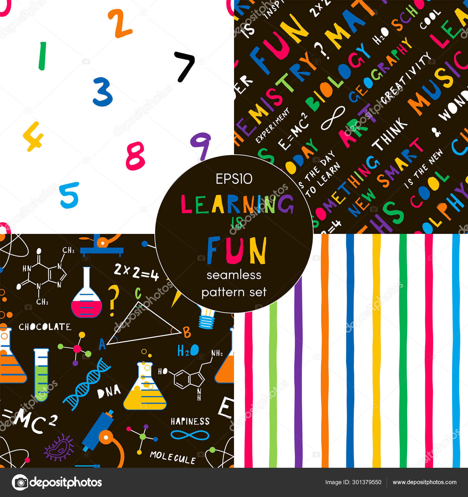 School education and learning cartoon vector seamless pattern set Stock ...