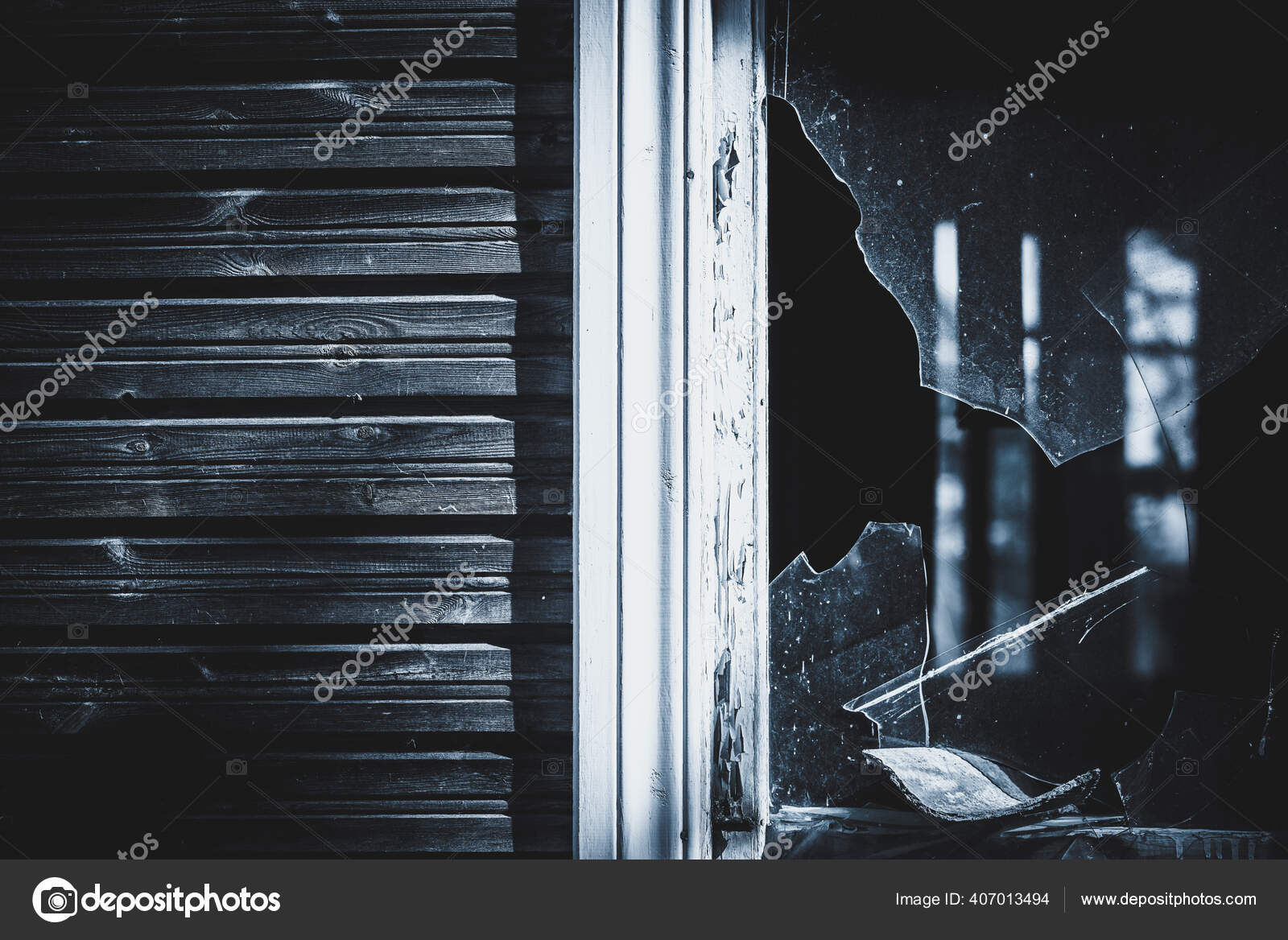 Broken House Window At Night