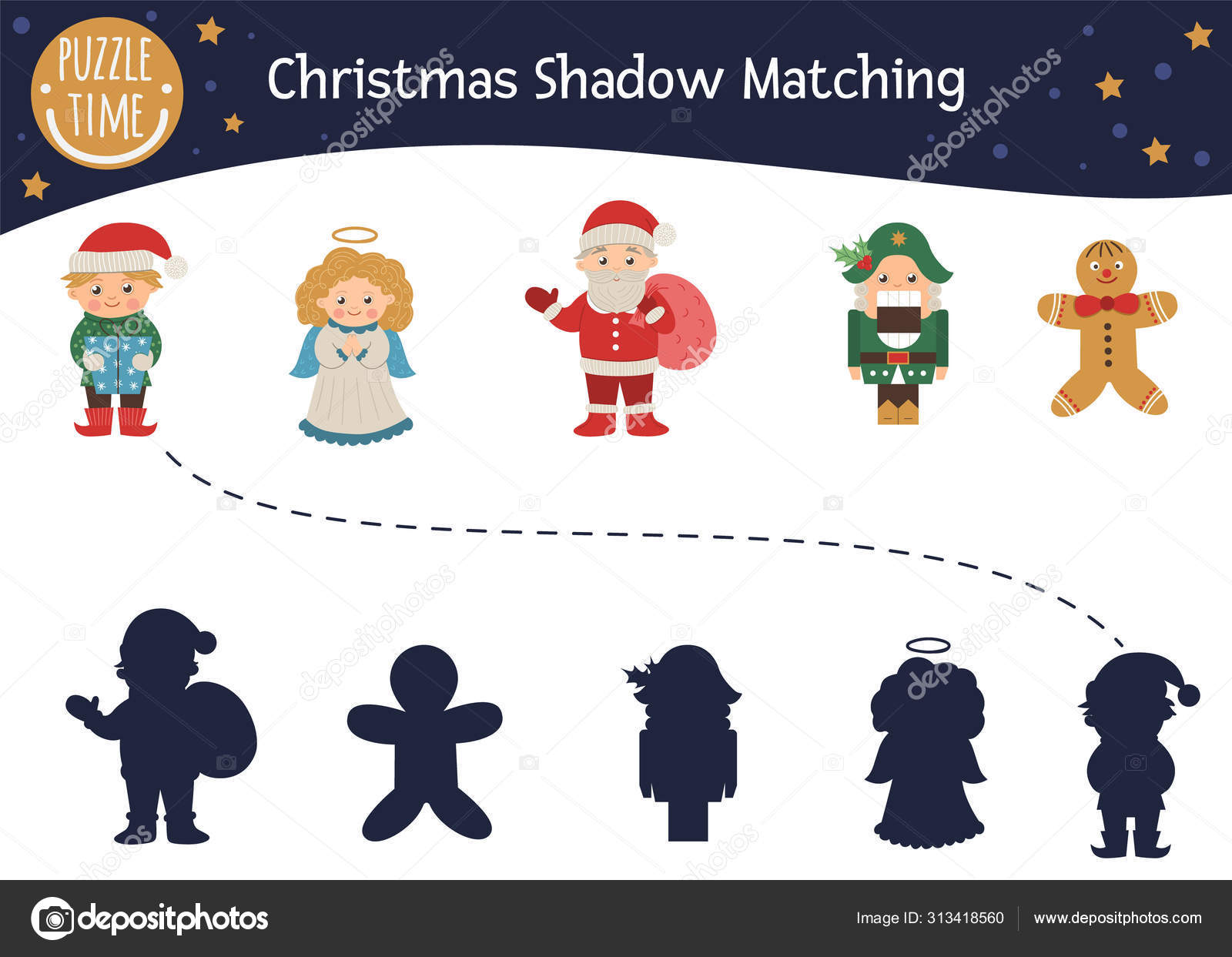 Actividad de combinación de sombras navideñas para niños con personajes ...