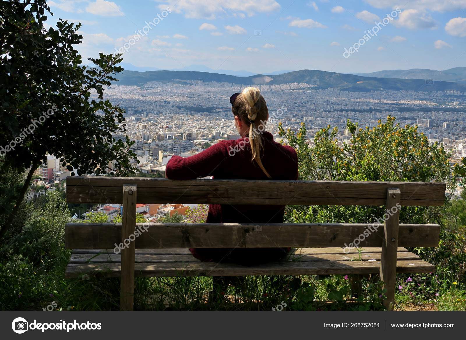 Girl Sitting Bench High Mountain Overlooking Big City — Stock Photo ...