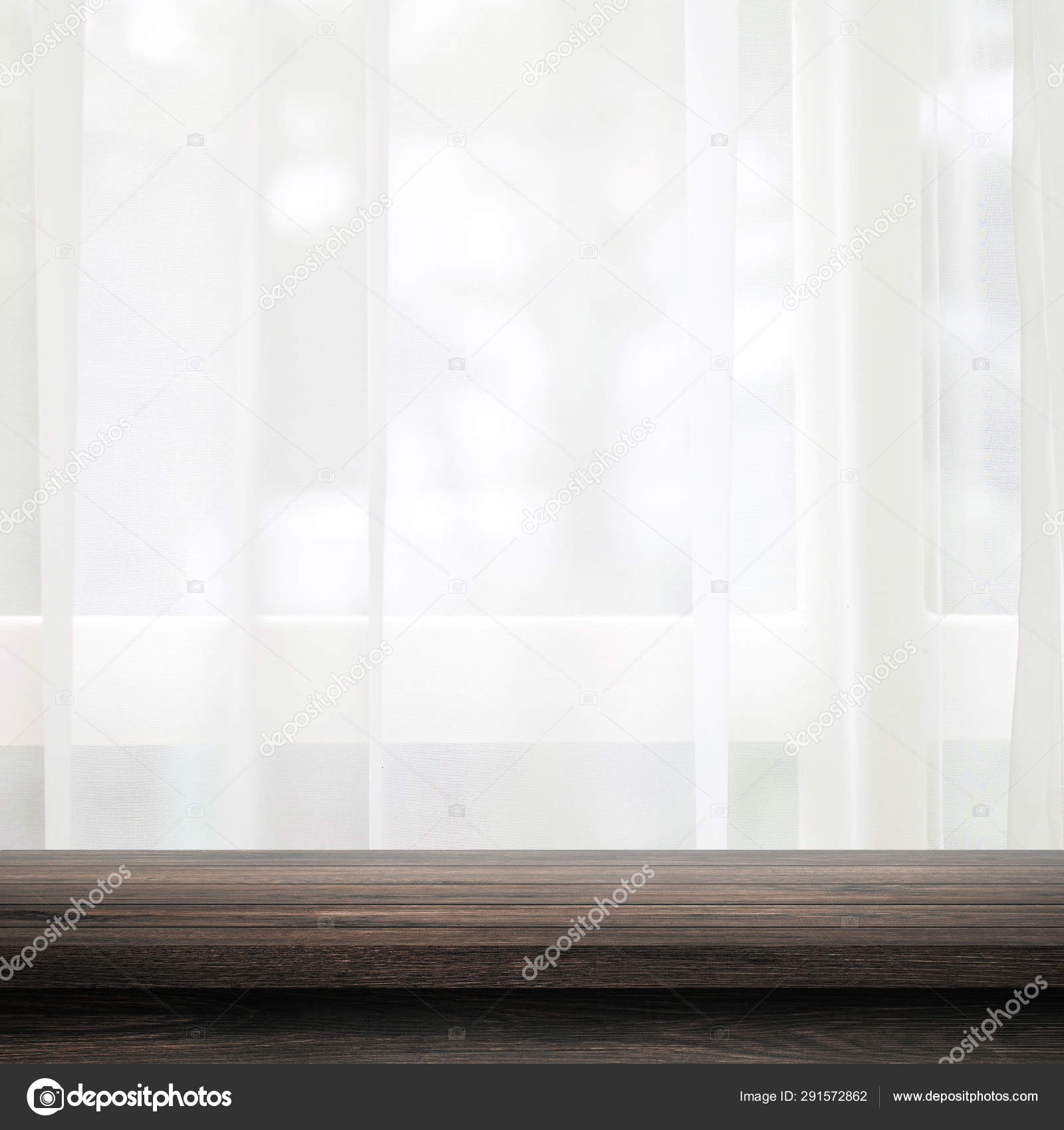 Empty Wooden Table Top Curtain Window Background Blur Nature ...