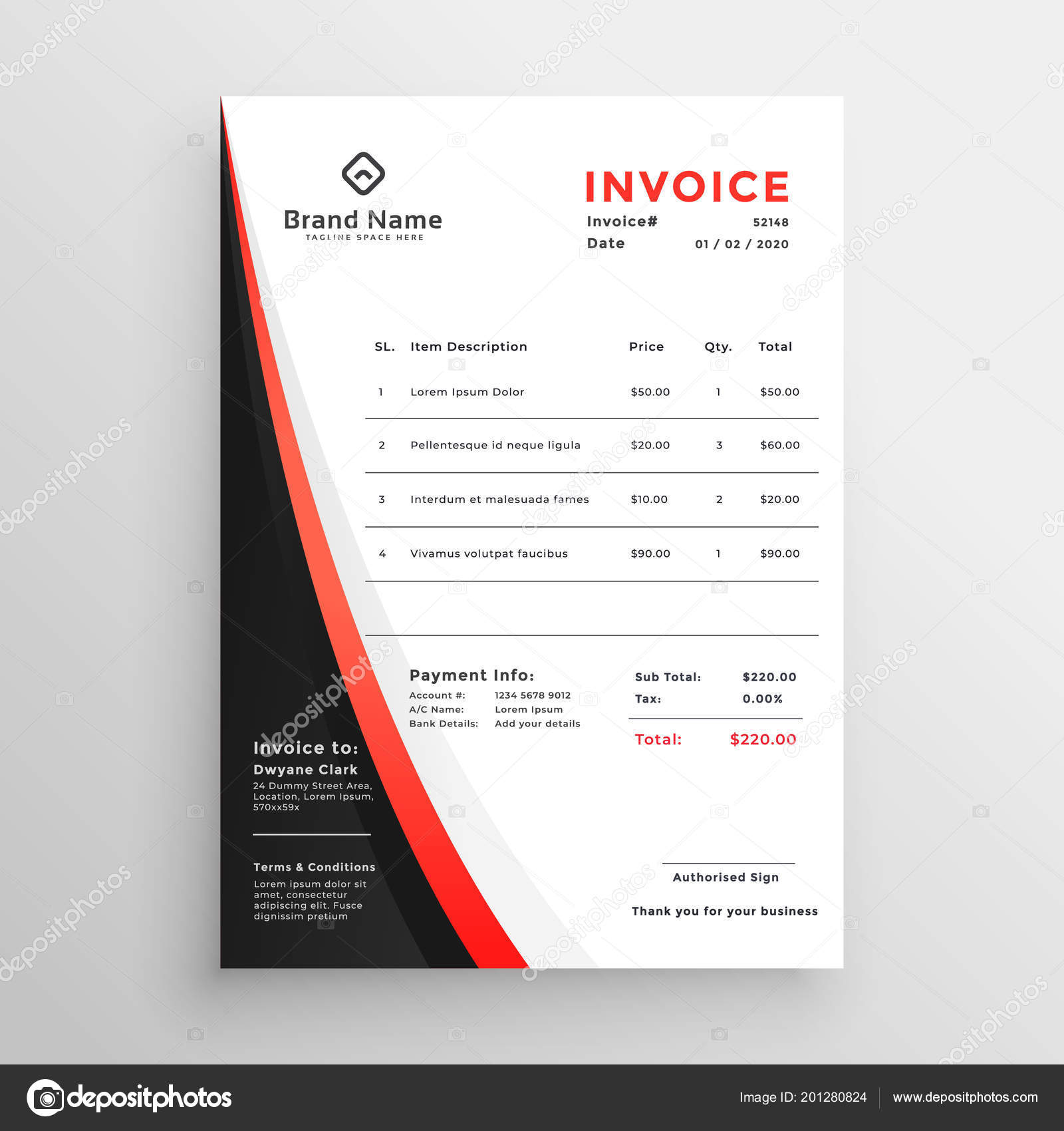 Stylish Red Theme Invoice Template Design Stock Vector Image by ...