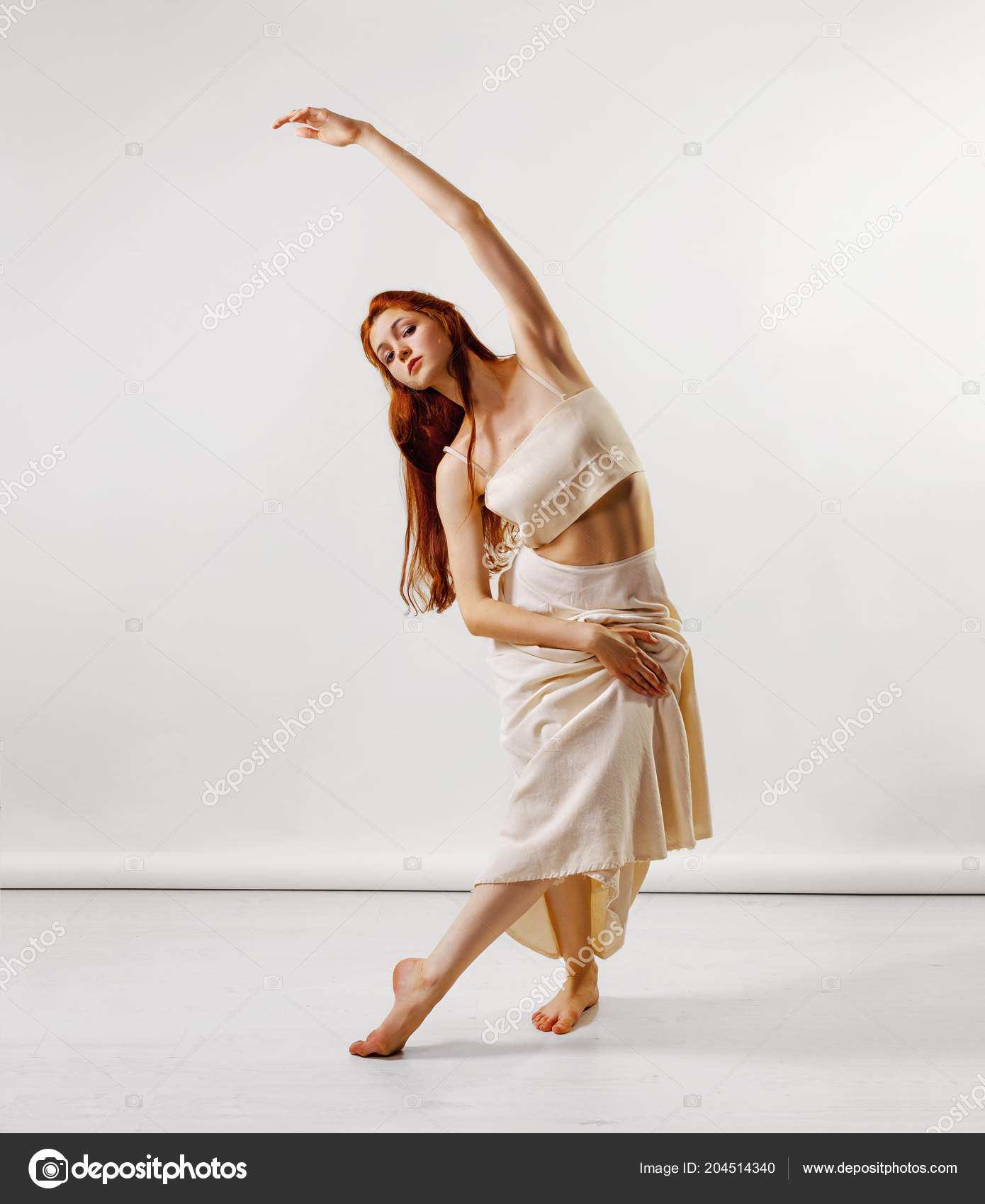 Dancer Posing Studio Young Beautiful Redhead Girl Beige Long Skirt ...