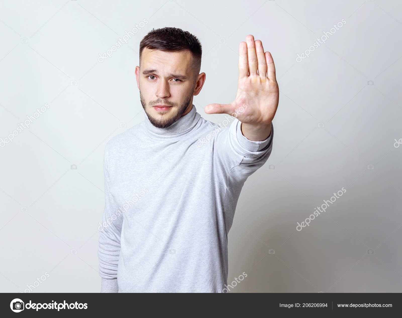 Portrait Young Bristle Man Raising Hand Say Stop Right Talk — Stock ...