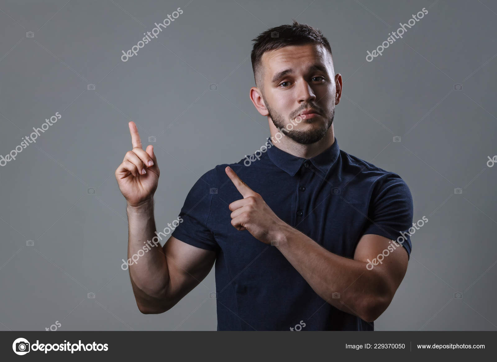 Young Man Pointing Show Direction Man Points Both Hands Upper Stock ...