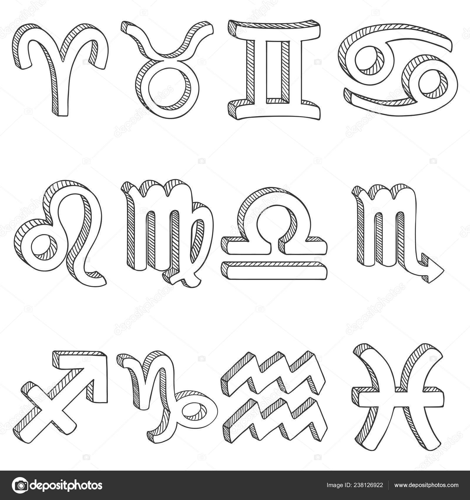 Vector Sketch Set Zodiac Signs Black Outline Zodiacal Icons Stock ...