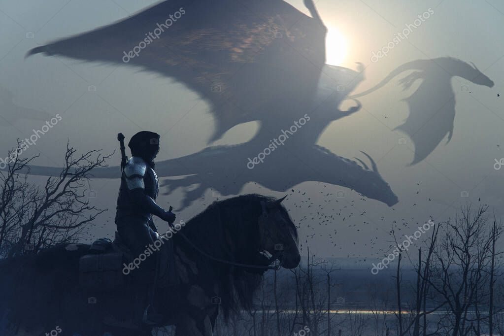 Valiente caballero épico a caballo en un paisaje al atardecer con ...