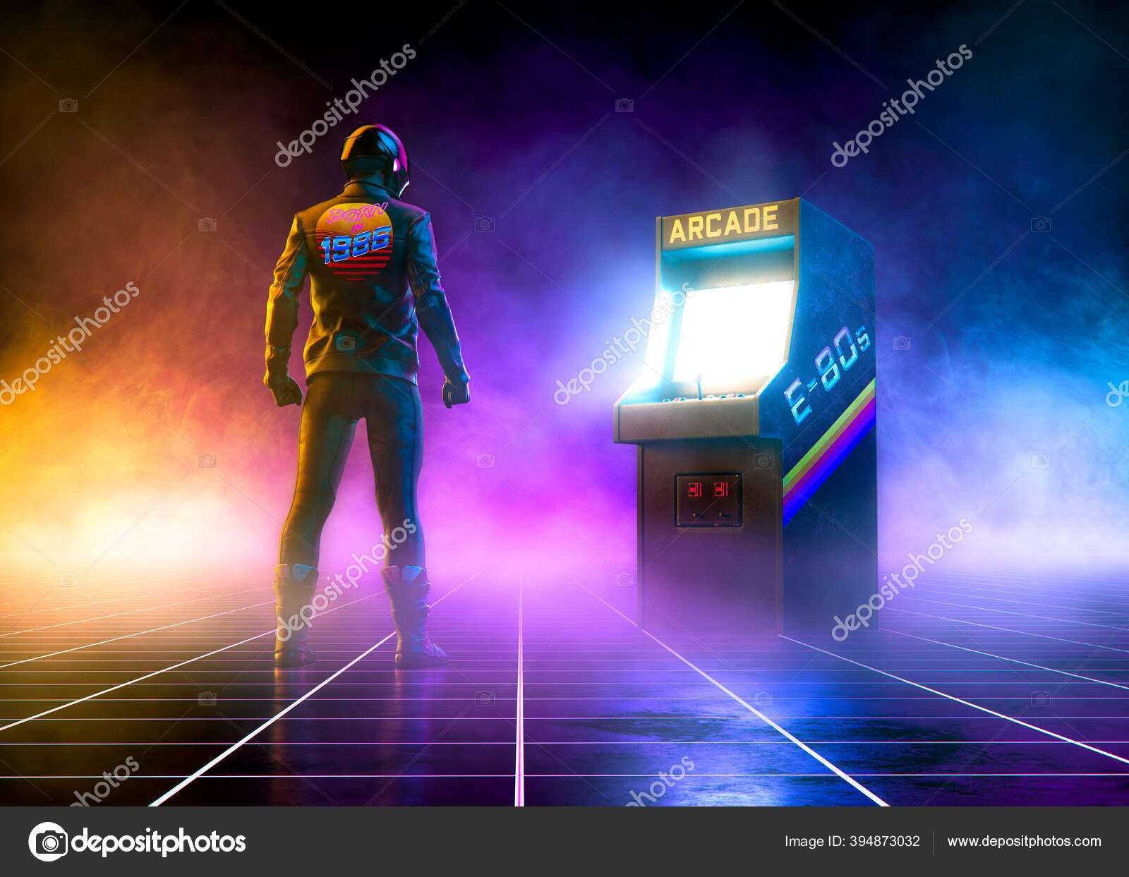 Cyberpunk Biker Stands 80S Cabinet Arcade Videogame Grid Pattern Floor ...